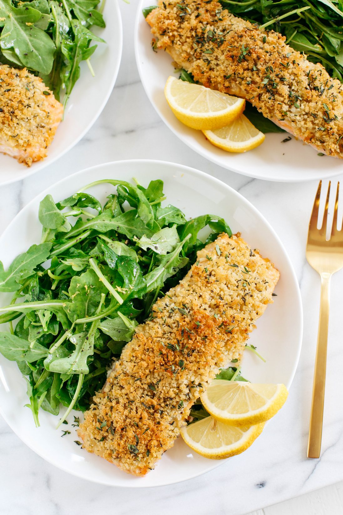 Hummus Crusted Salmon with Lemon Arugula Salad - Eat Yourself Skinny