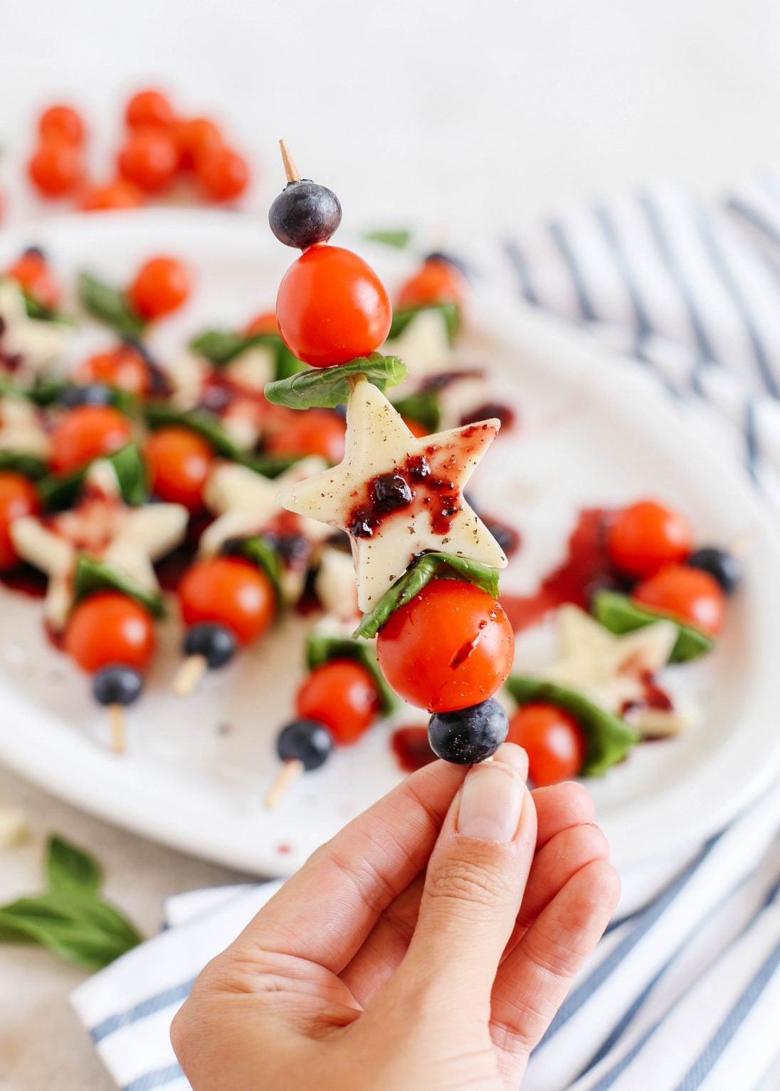 Caprese Skewers with Blueberry Balsamic Glaze - Eat Yourself Skinny
